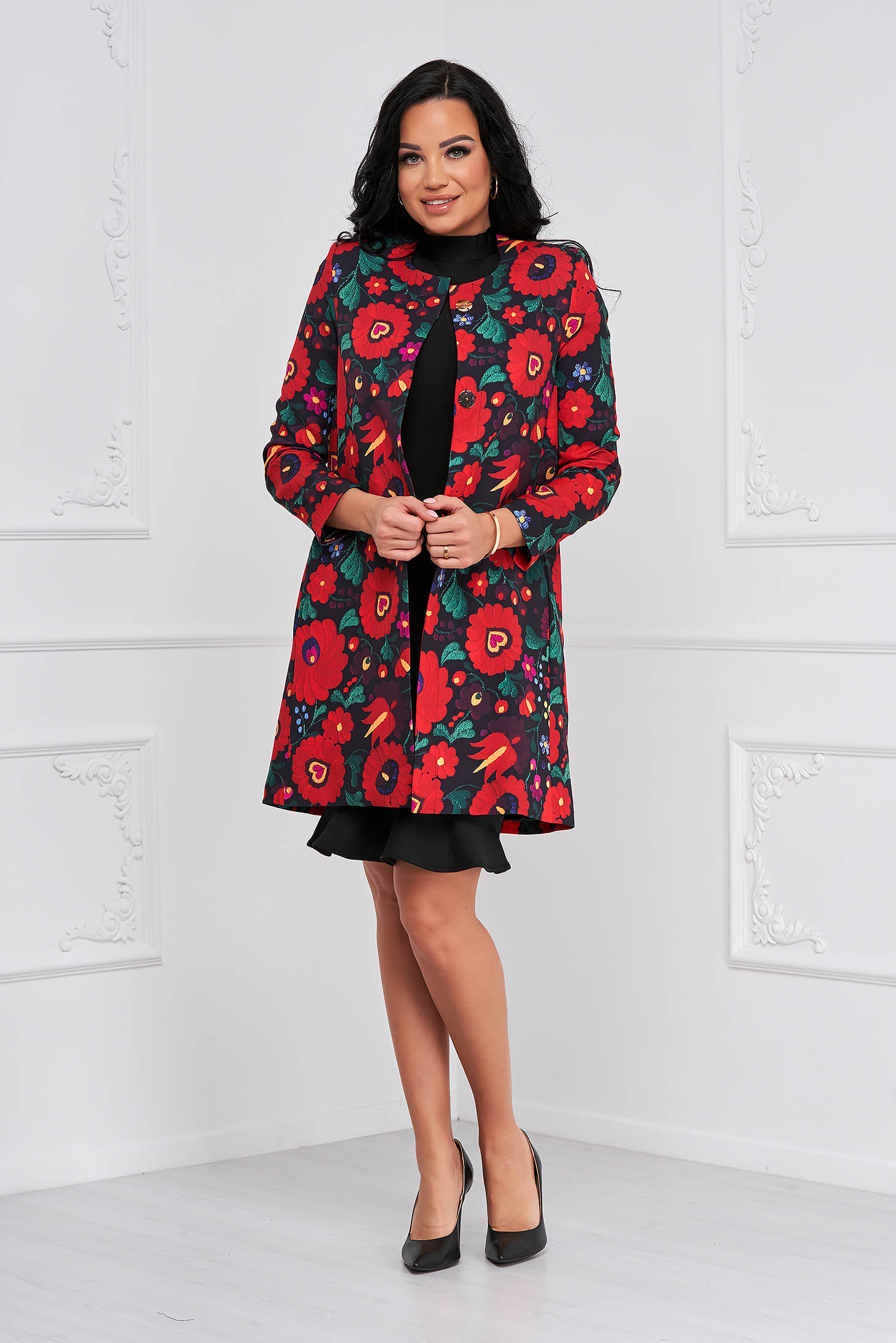 Overcoat elastic cloth with floral print lateral pockets straight ...