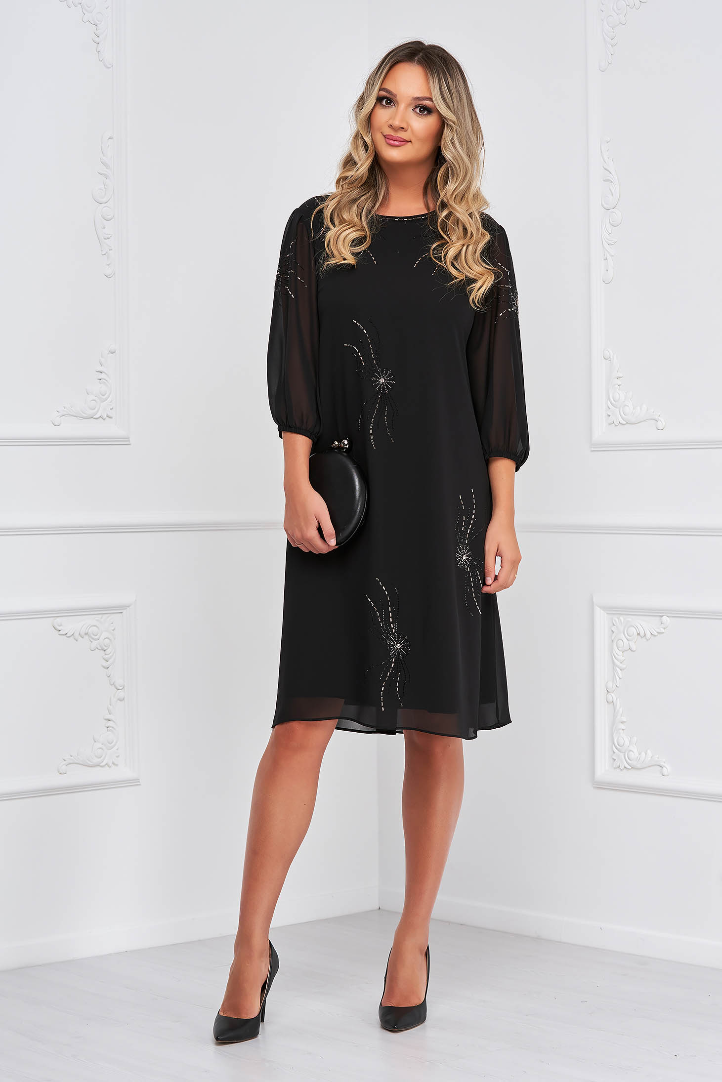 Black dress from veil fabric loose fit strass midi