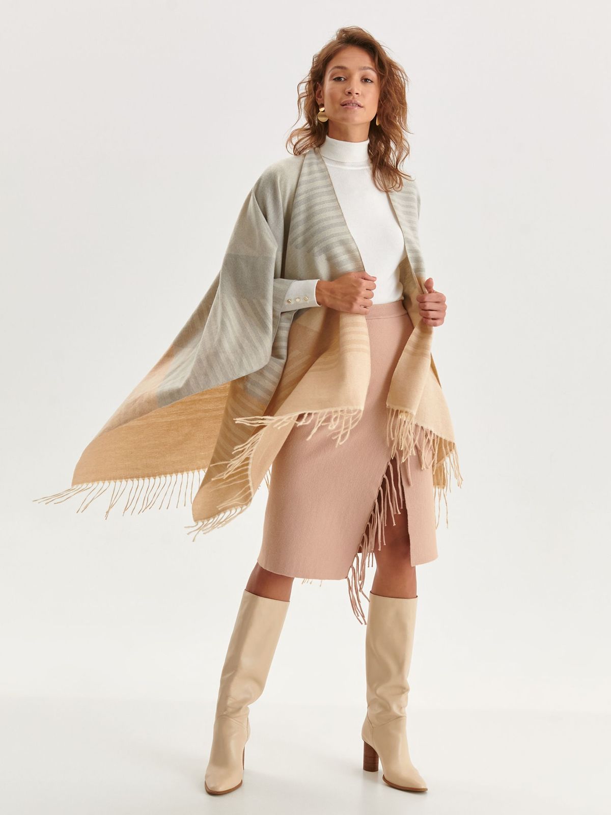 Fusta tricotata crem tip creion cu franjuri - Top Secret