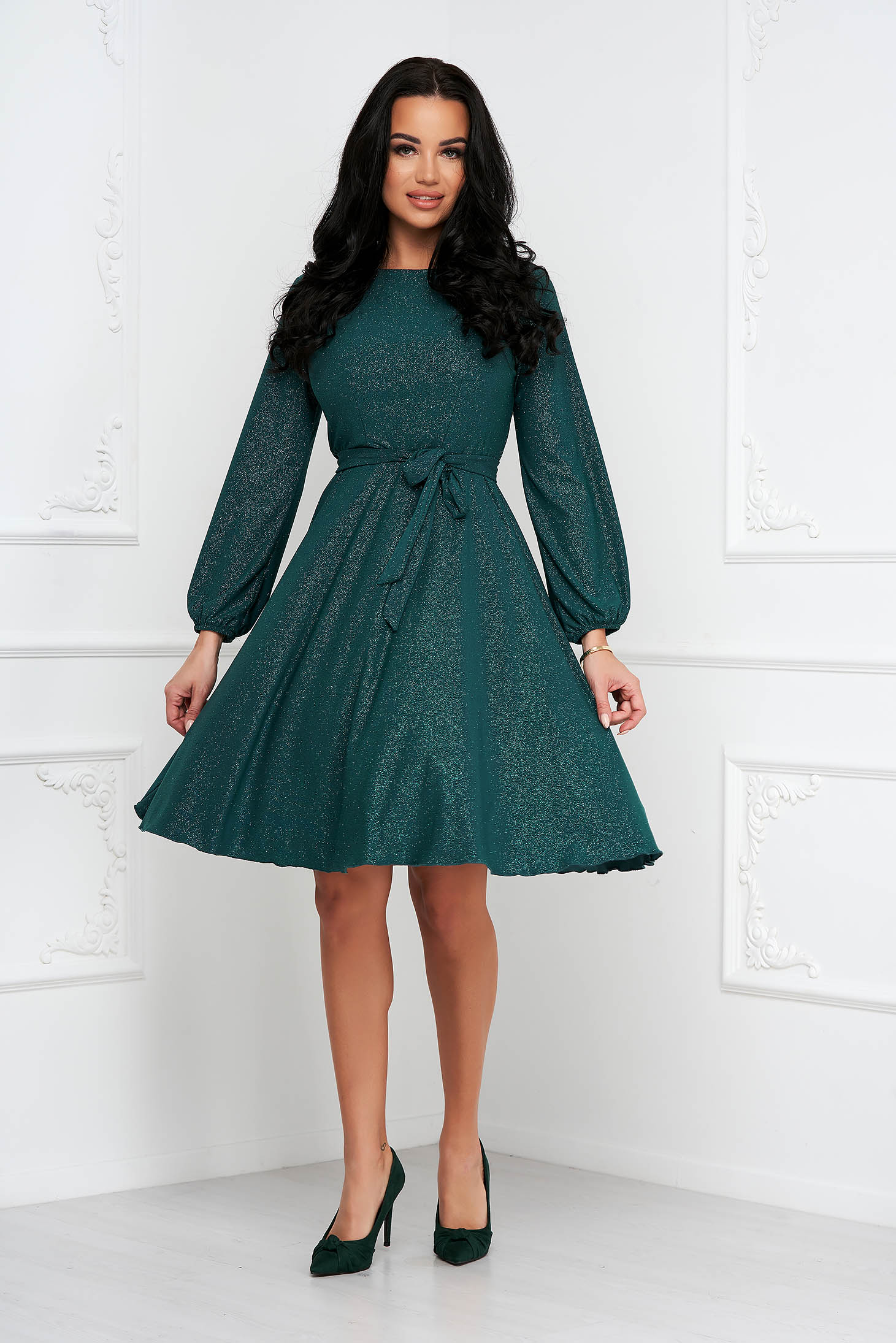Rochie din georgette verde-inchis midi in clos cu elastic in talie cu ...