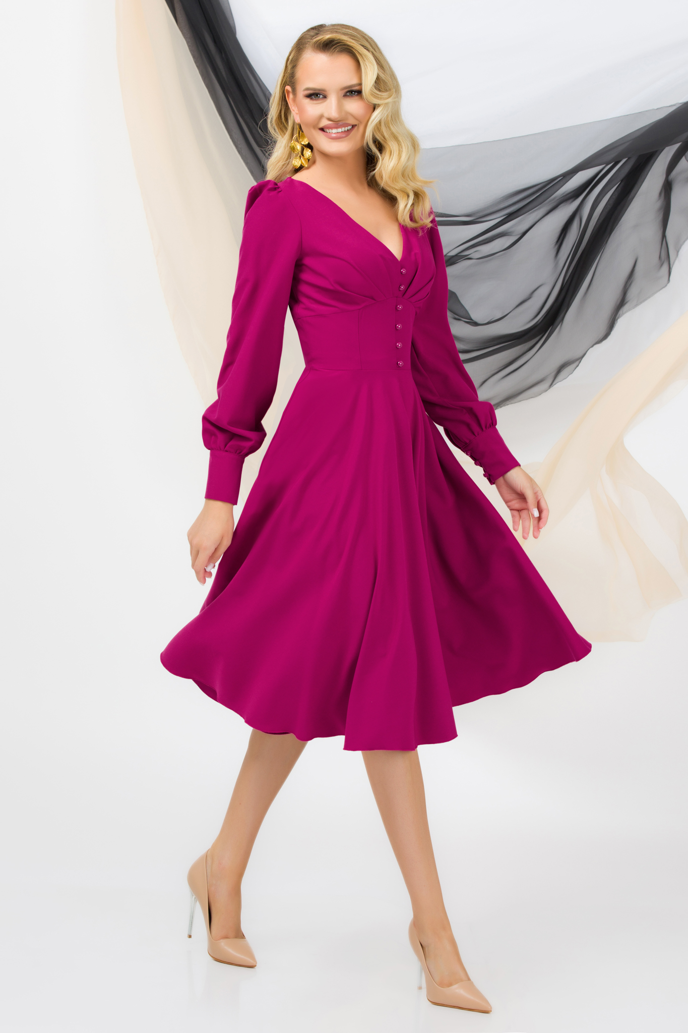 Ruha fukszia midi harang v-dekoltázzsal dekoratív gombokkal enyhén rugalmas szövetből