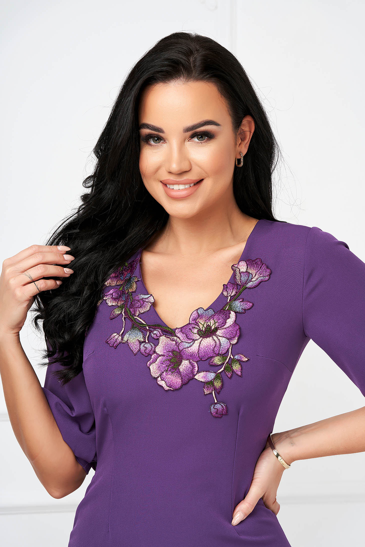 - StarShinerS purple dress elastic cloth midi pencil with puffed sleeves