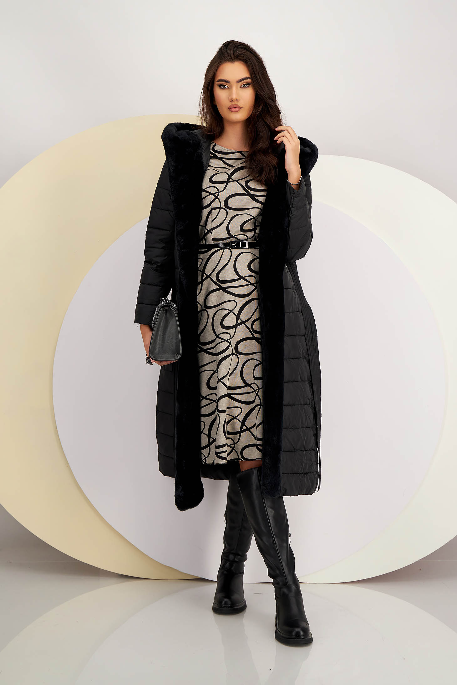 Rochie din tricot subtire midi in clos cu elastic in talie si accesoriu ...
