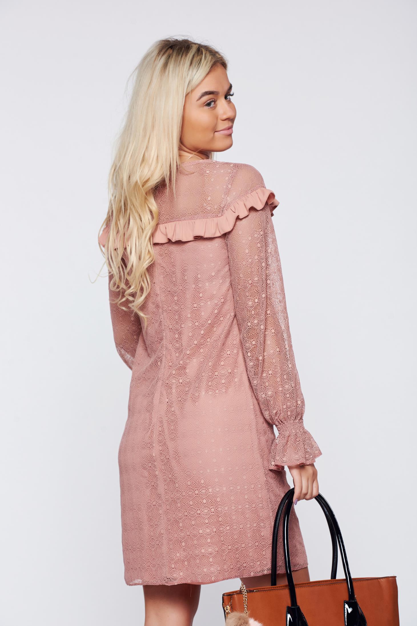 Rochie LaDonna rosa eleganta din material dantelat cu volanase