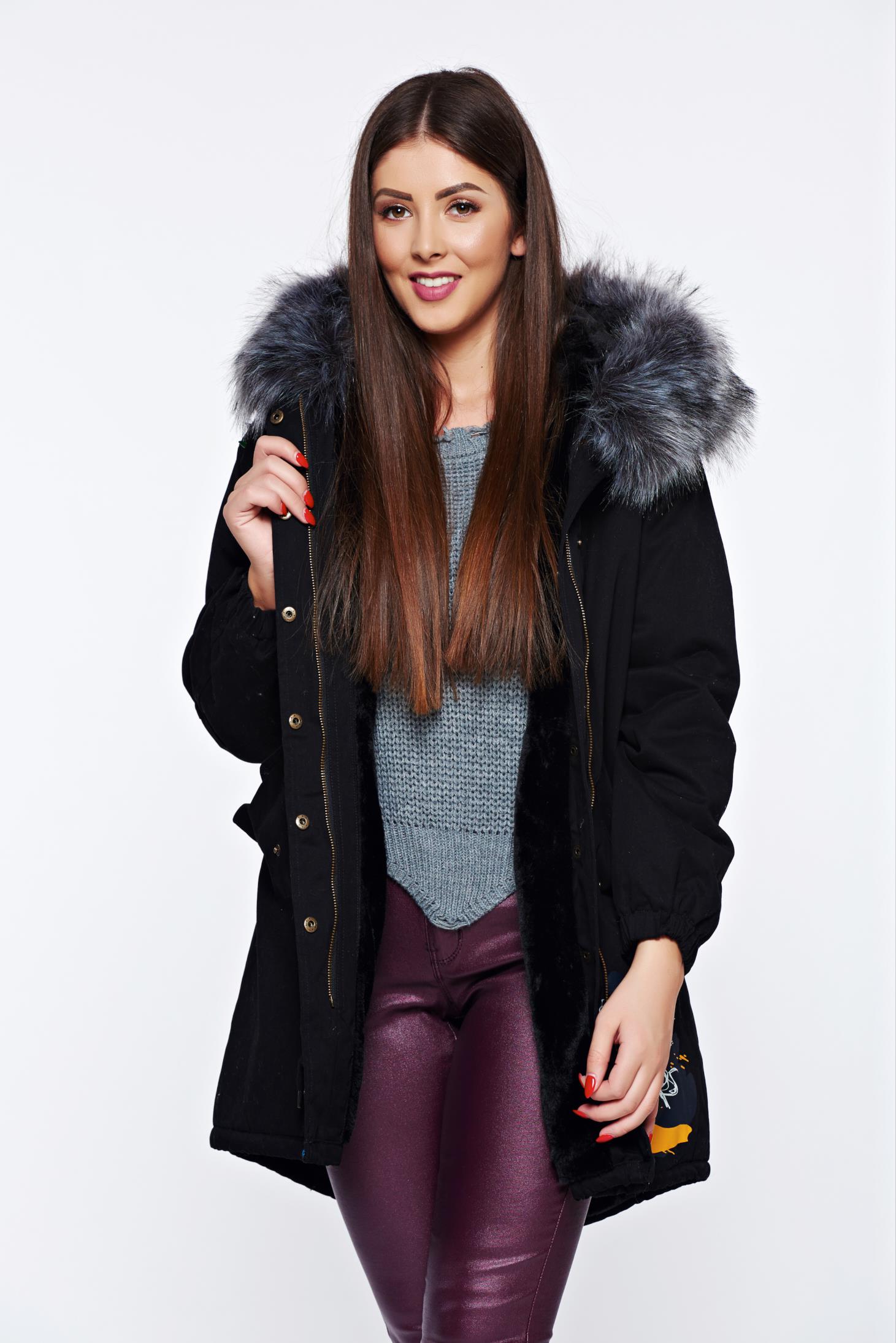 Black casual jacket with writing print and metallic spikes