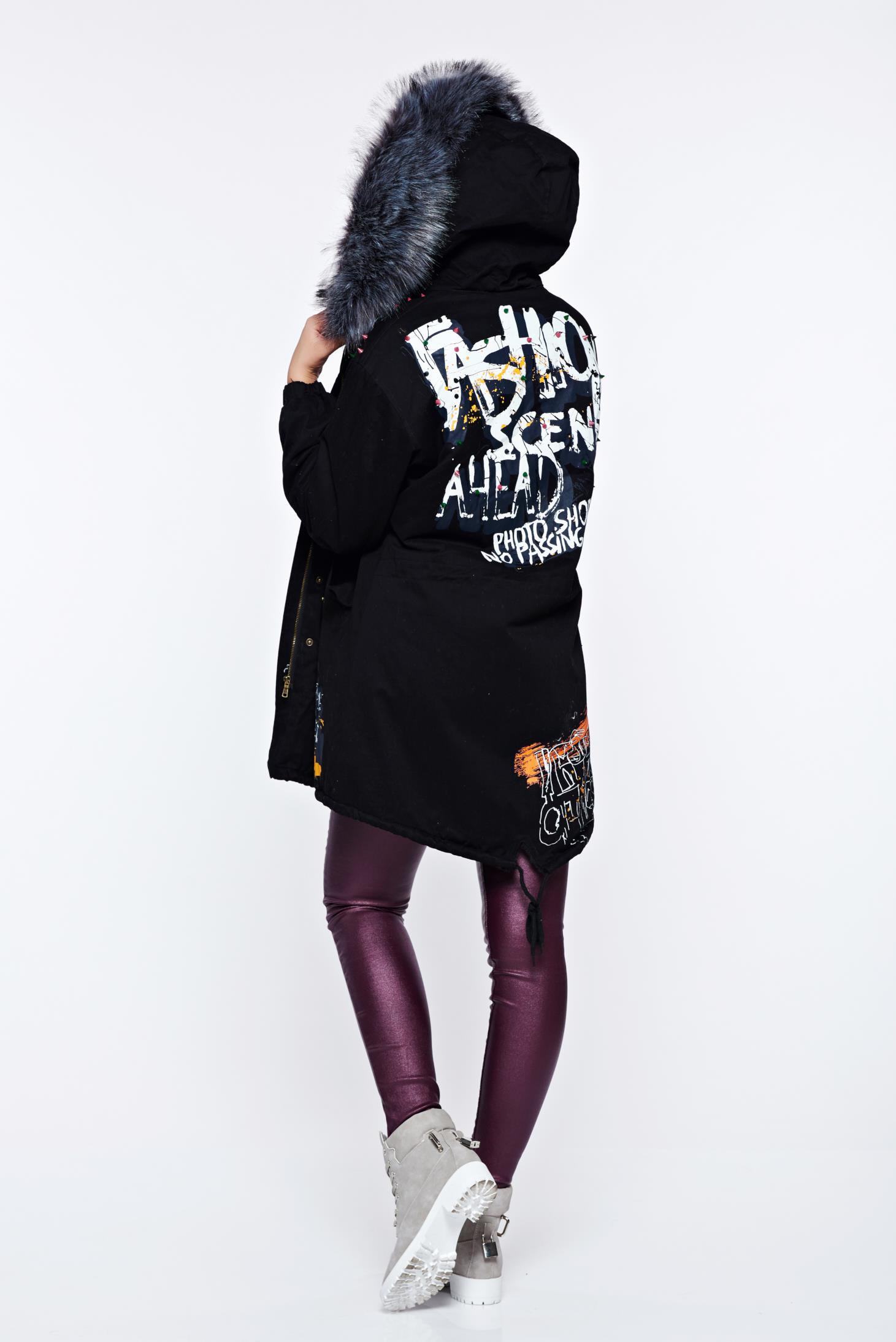 Black casual jacket with writing print and metallic spikes