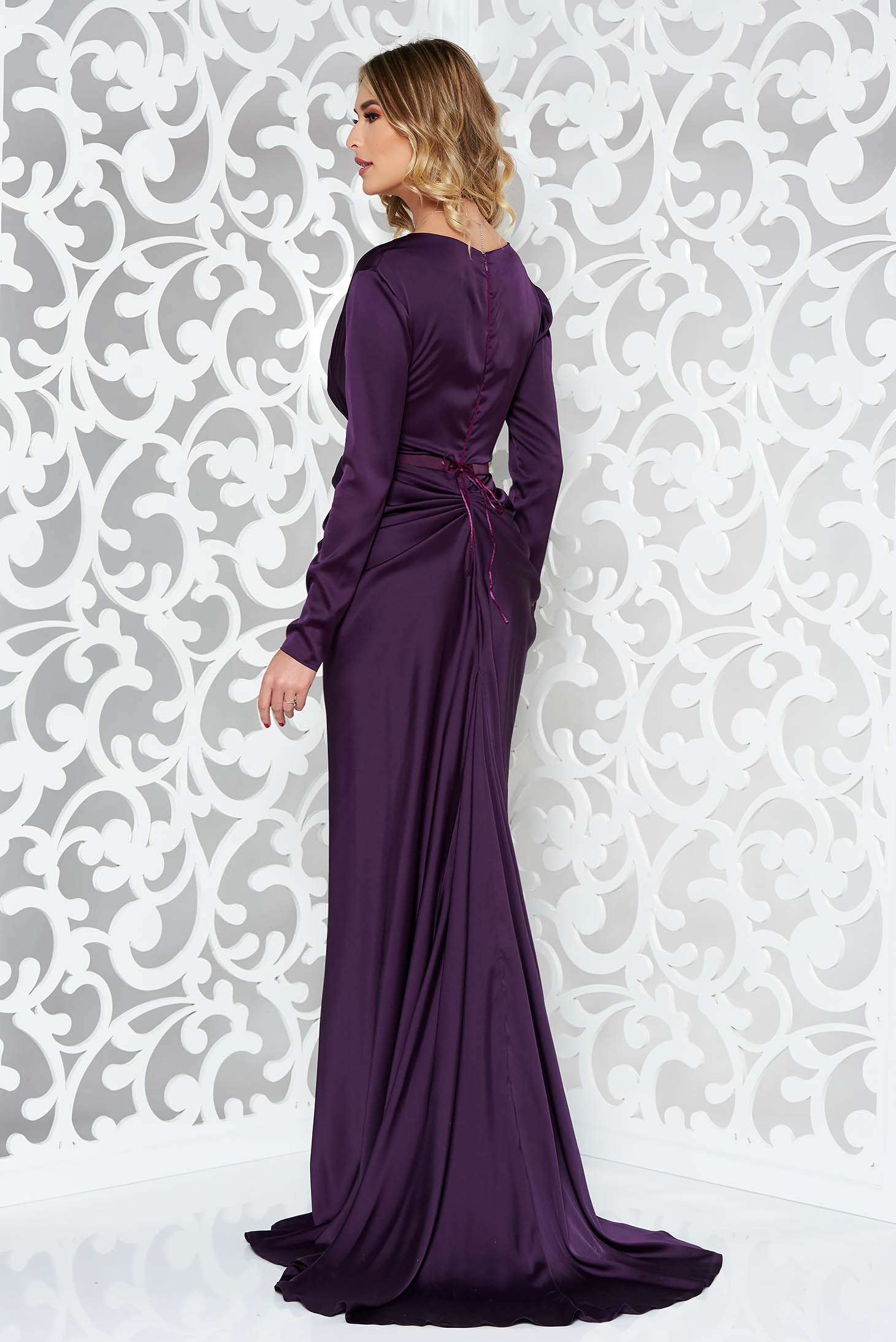 Ana Radu Purple Occasional Long Sleeved Dress Accessorized With Tied