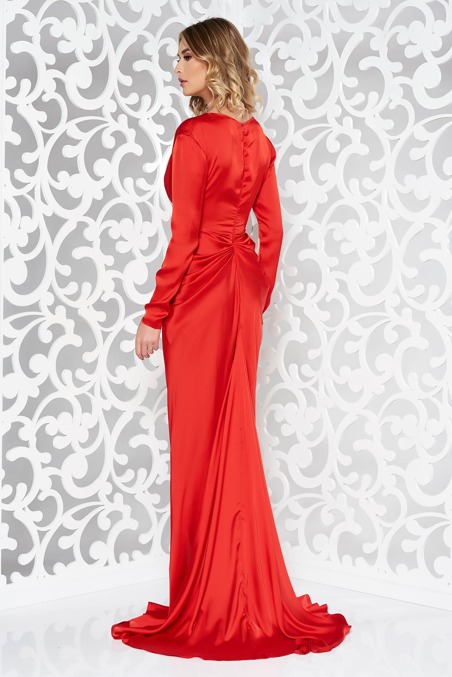 Ana Radu Red Occasional Long Sleeved Dress Accessorized With Tied Waistband