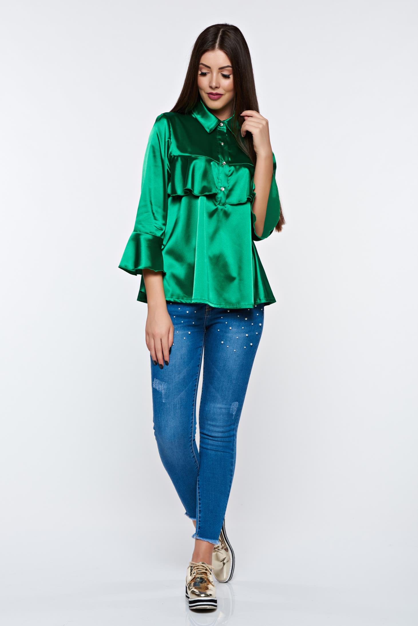 Missq Darkgreen Women`s Blouse Elegant From Satin Fabric Texture With
