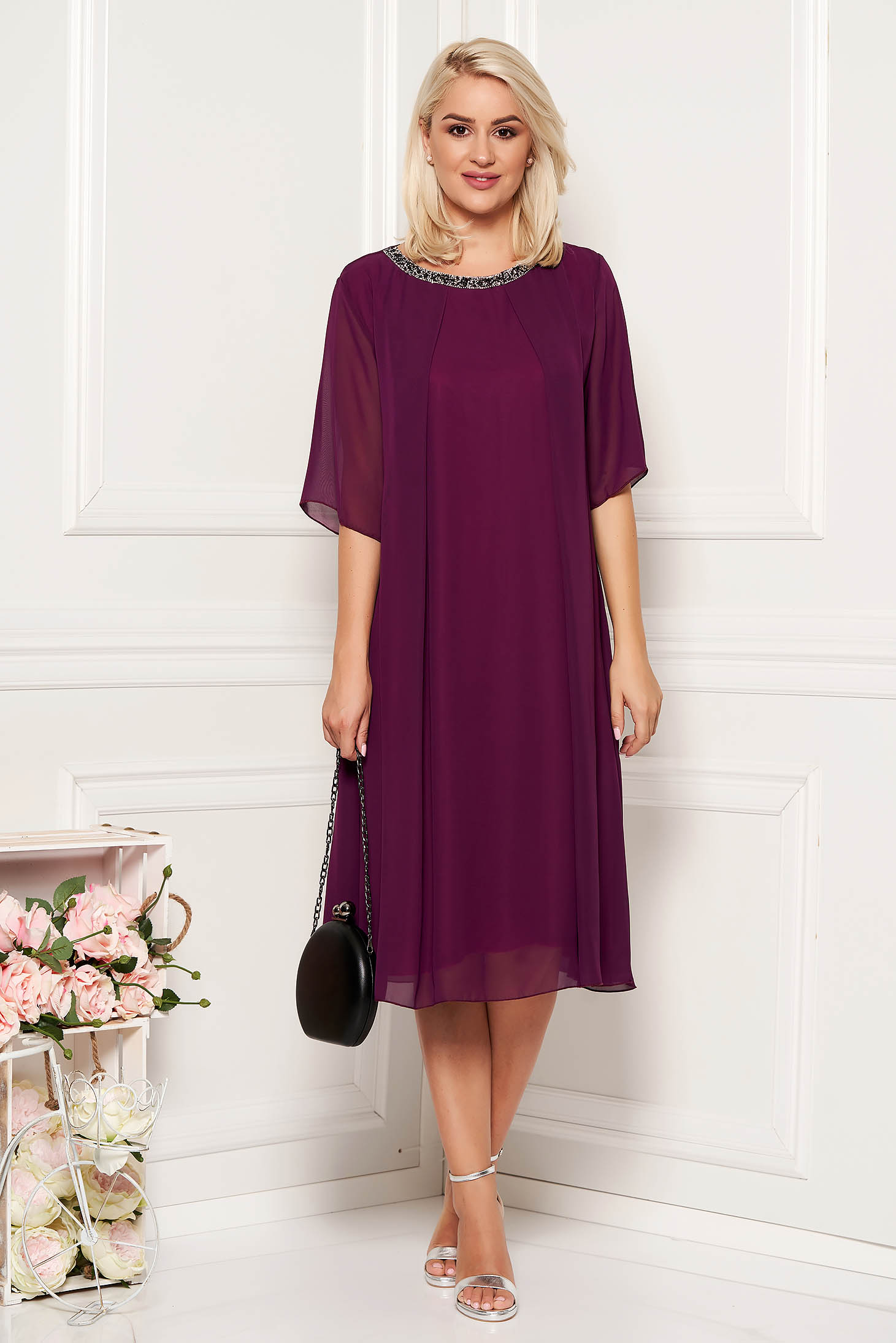 Burgundy occasional flared dress airy fabric with inside lining with ...