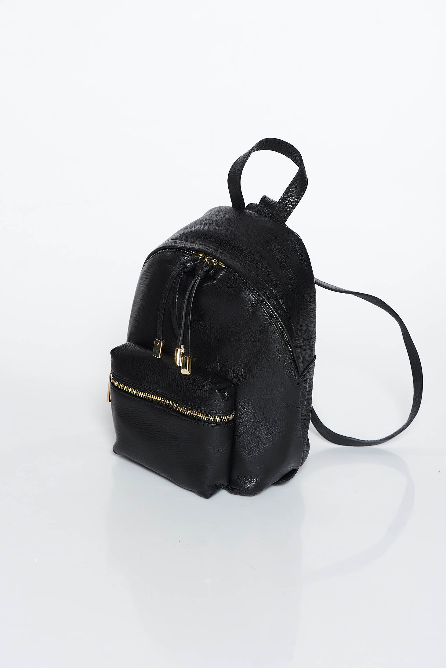 Black casual backpacks natural leather with metal accessories