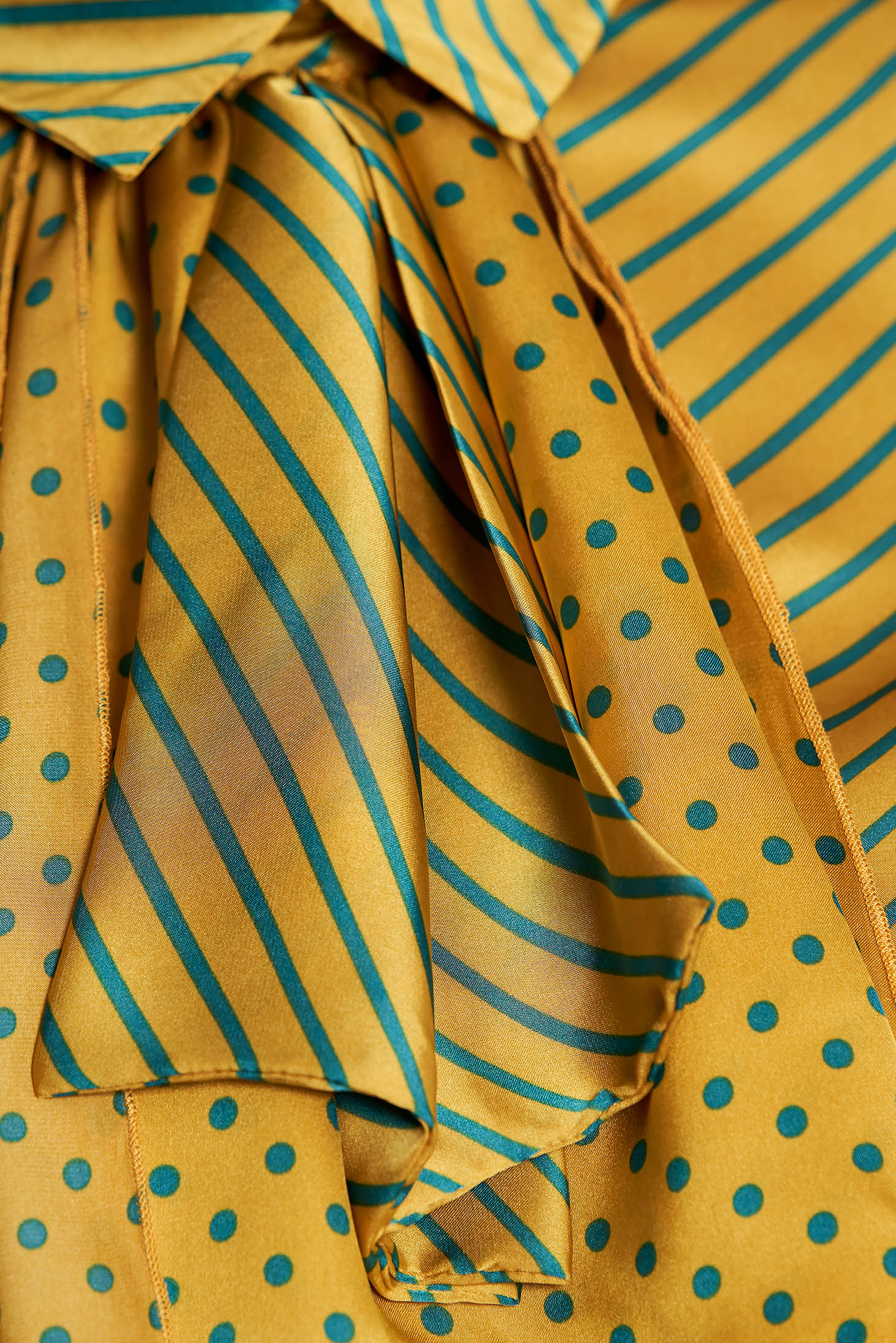 PrettyGirl mustard elegant flared women`s blouse from satin fabric texture