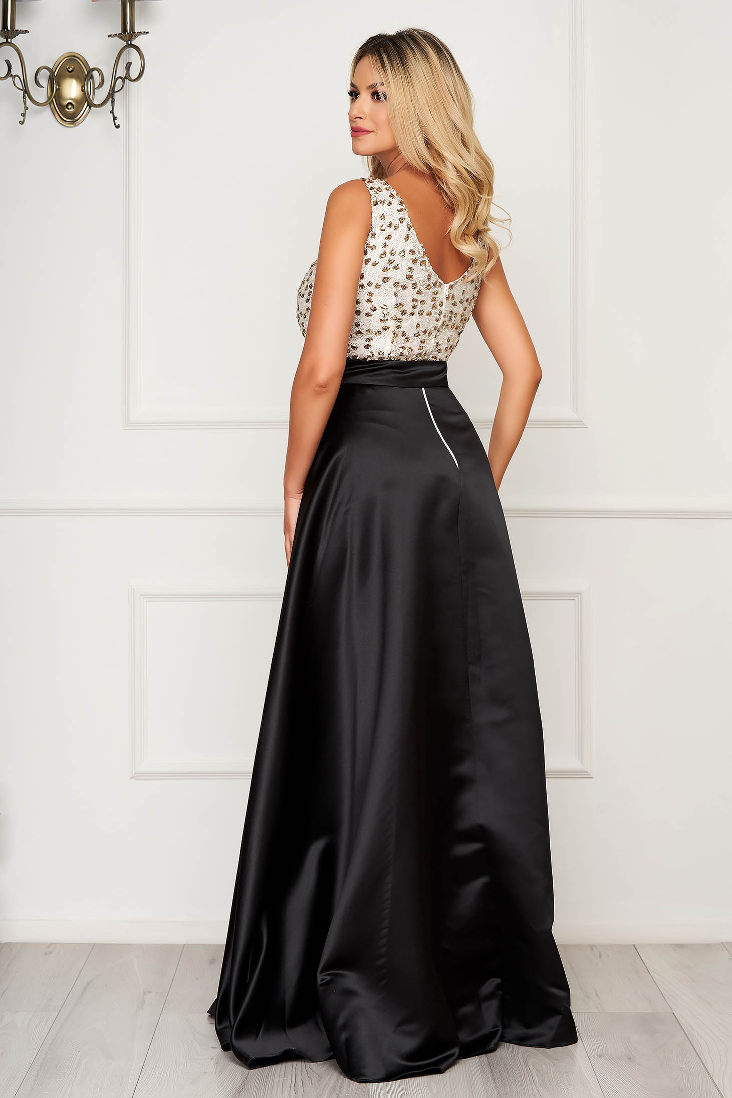 Black dress occasional cloche from satin with sequins sleeveless with v ...