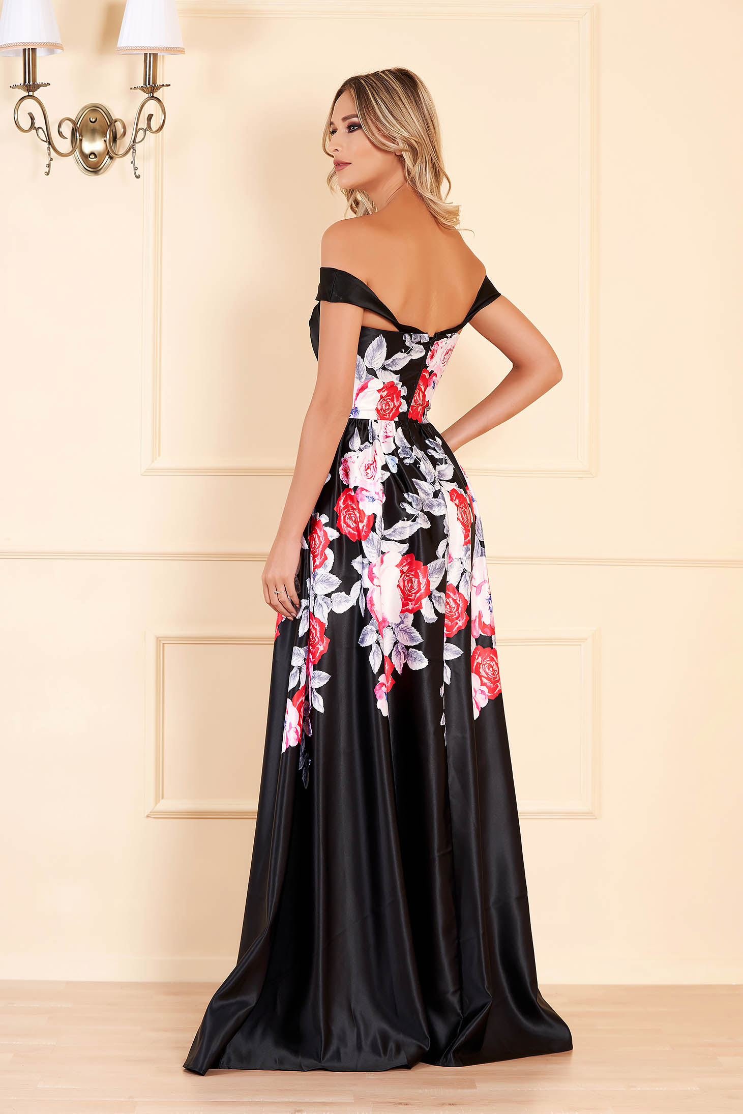 Black dress with deep cleavage with floral prints long evening dresses
