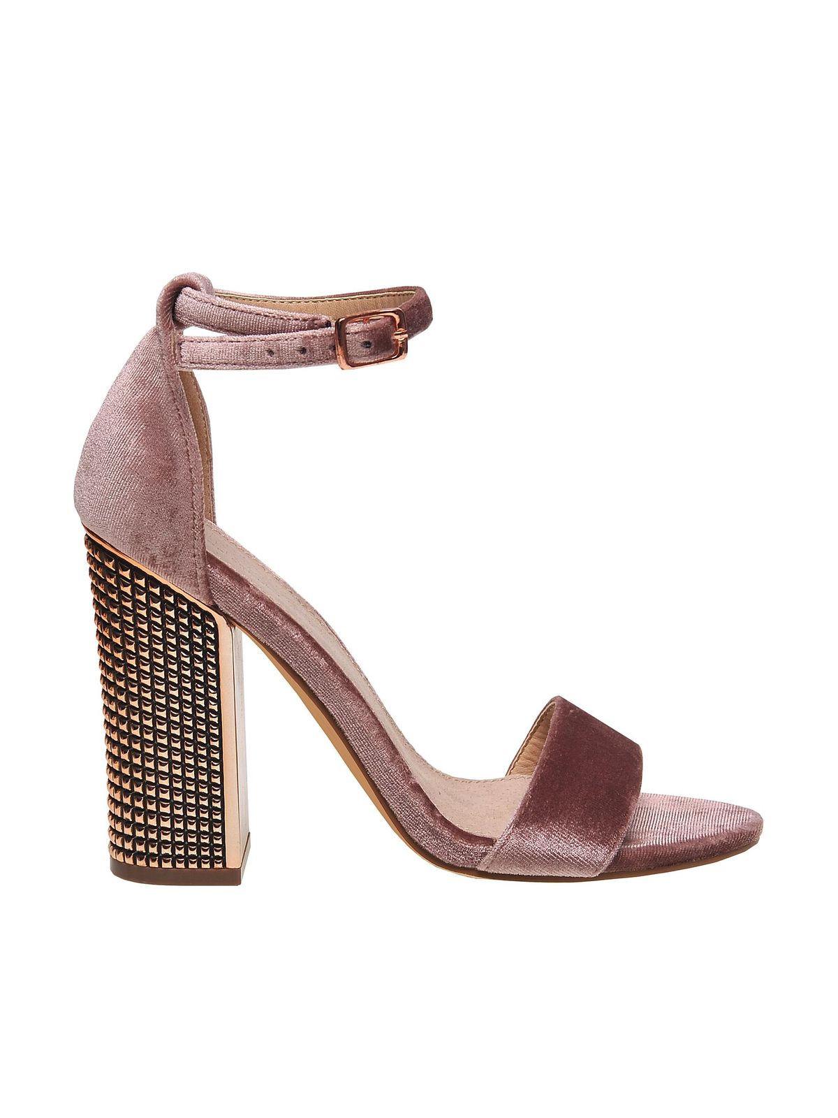 Lightpink sandals clubbing with thin straps from velvet fabric chunky heel