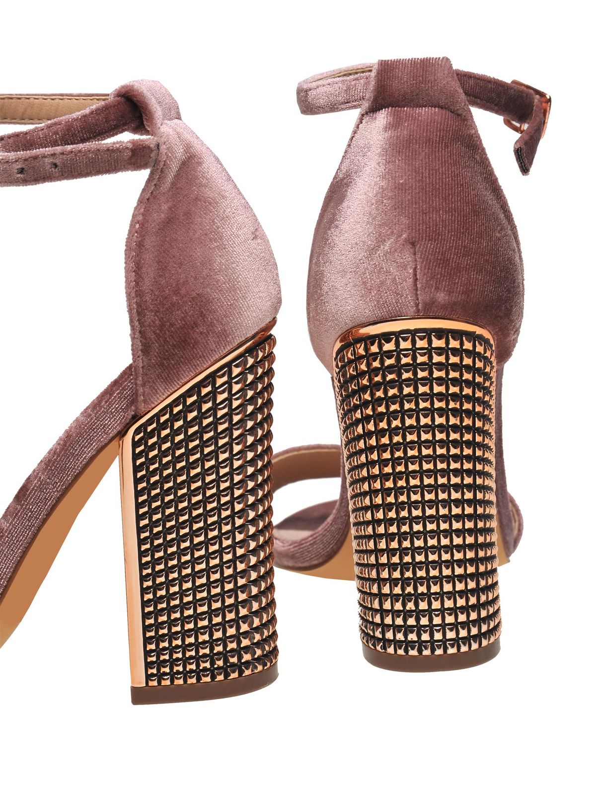 Lightpink sandals clubbing with thin straps from velvet fabric chunky heel