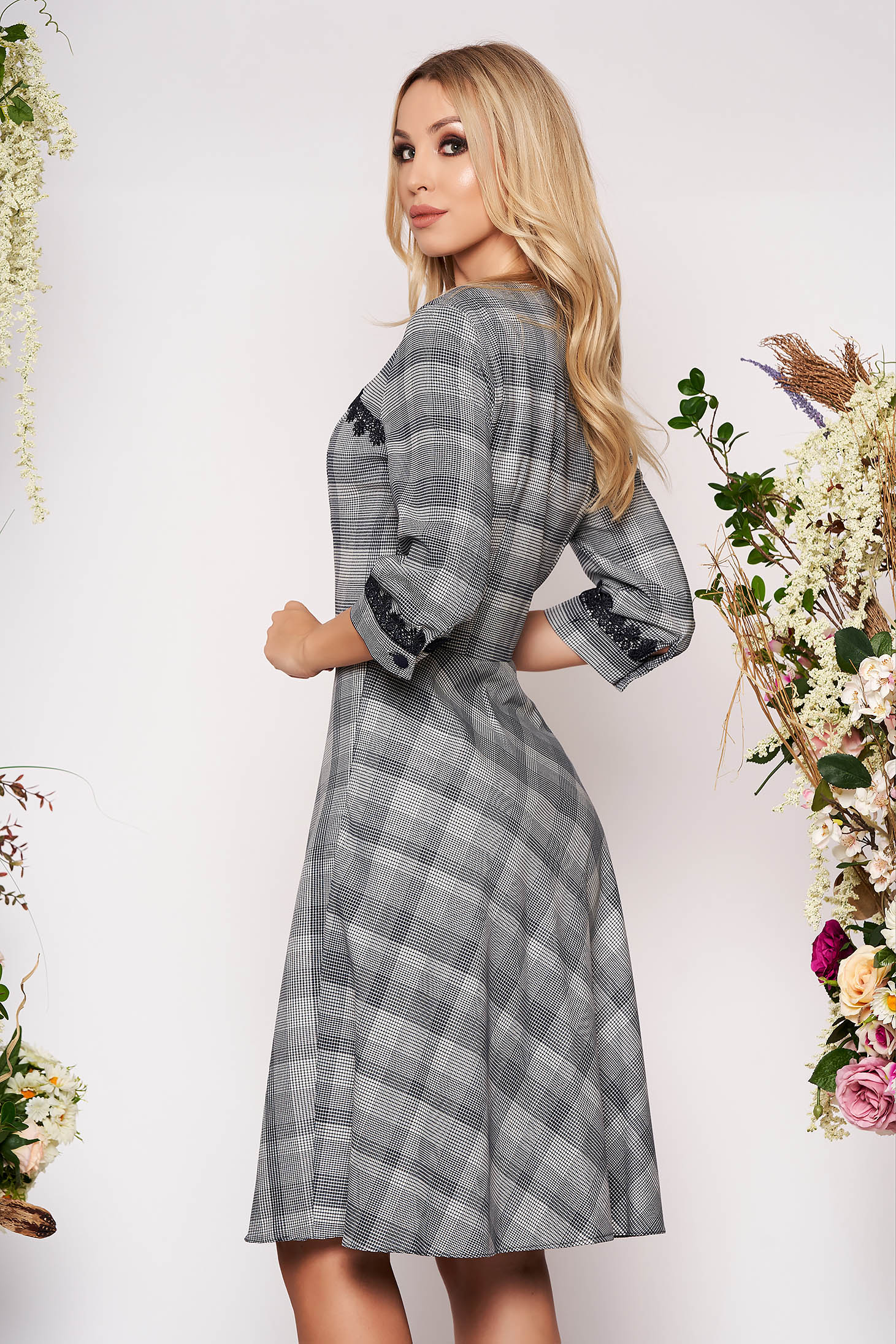 Grey dress elegant midi cloche cloth thin fabric with 3/4 sleeves ...