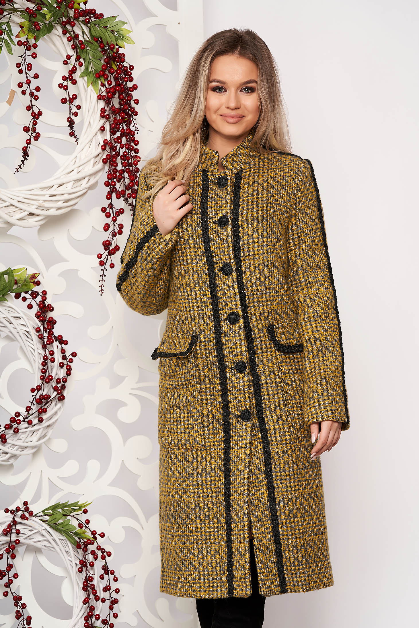 Mustard casual cloth coat straight cut from thick fabric handmade ...