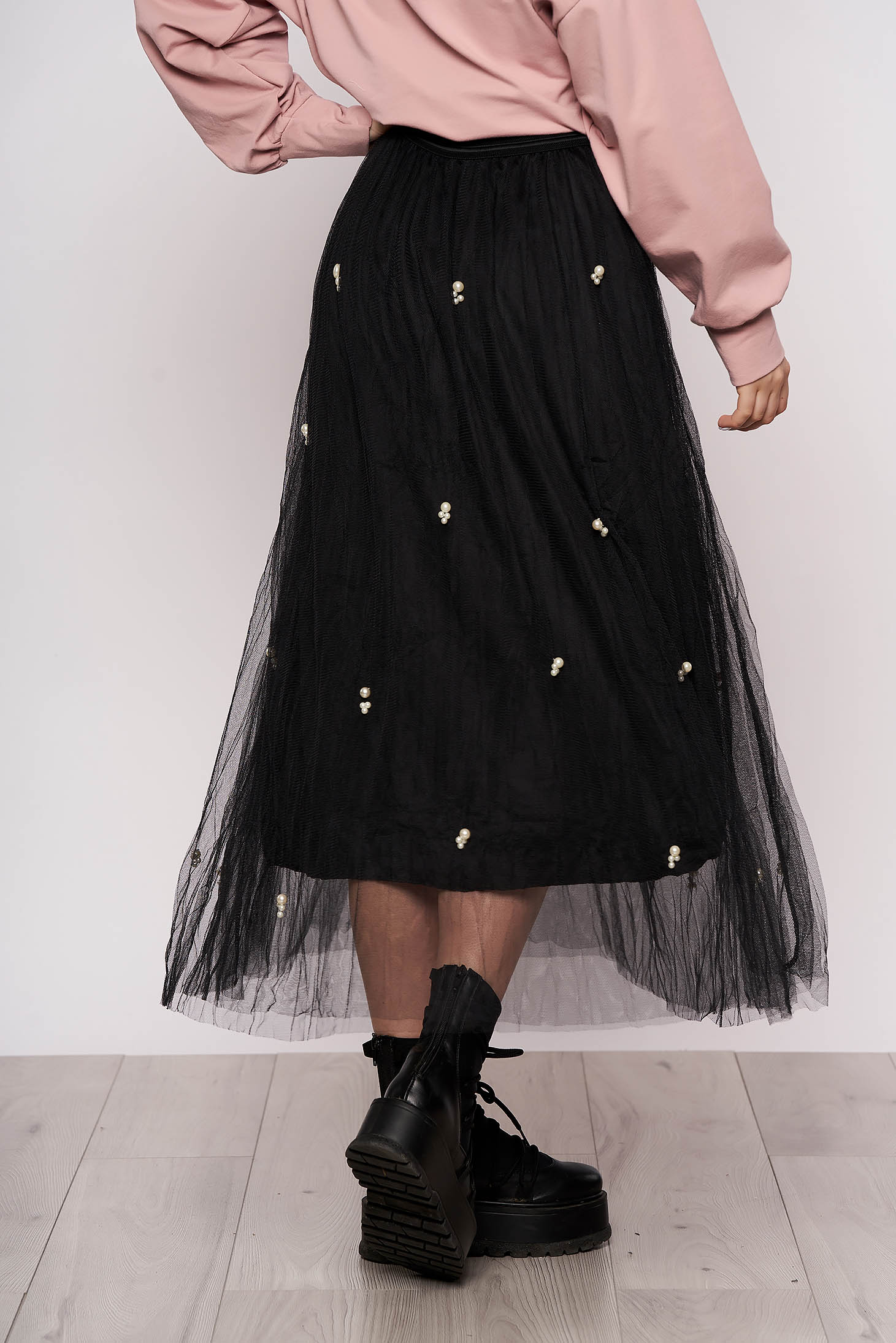 Fusta SunShine neagra midi casual din tul cu talie inalta si aplicatii ...