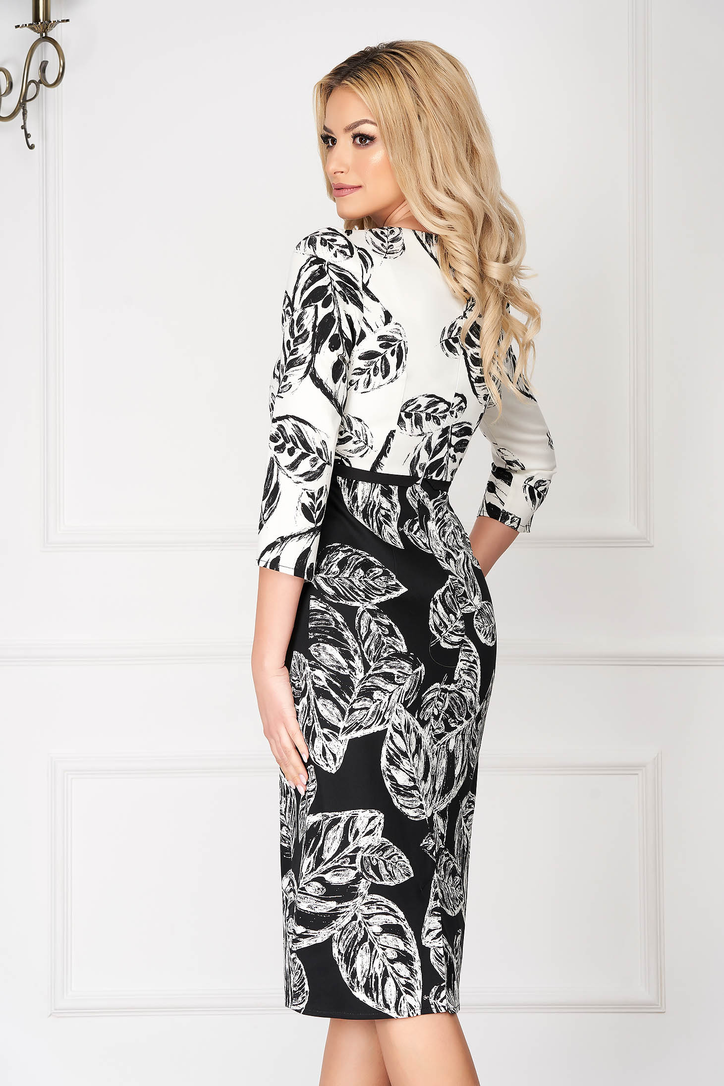 Rochie alba office midi tip creion cu print cu maneci trei-sferturi