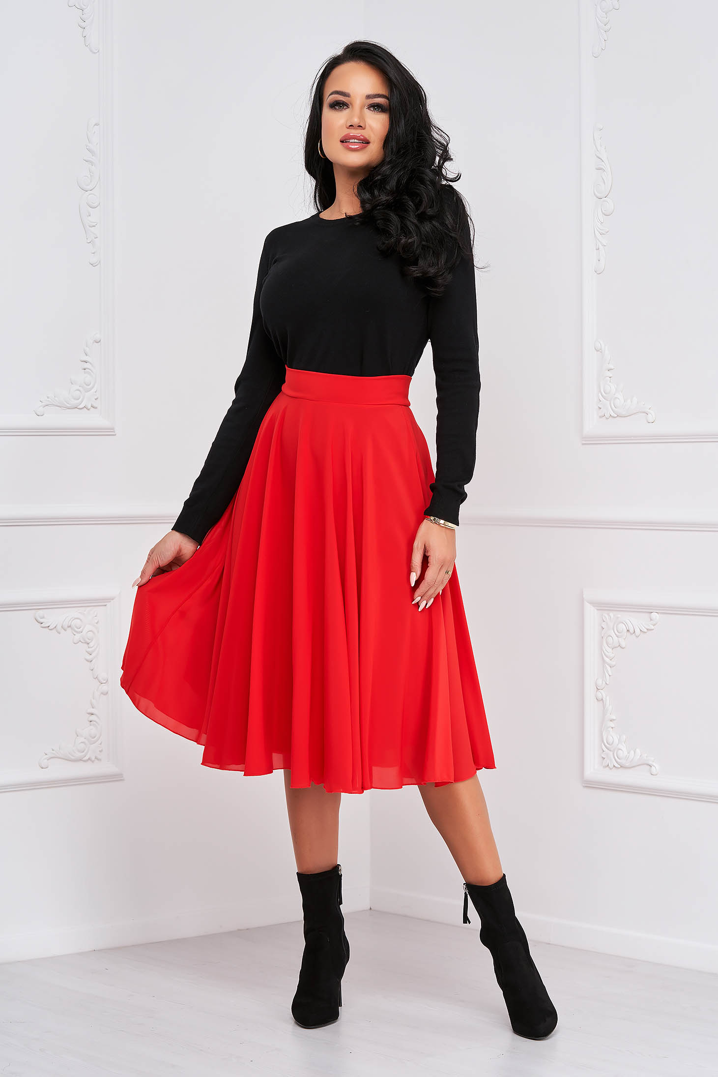 Fusta din voal rosie midi in clos cu talie inalta - StarShinerS