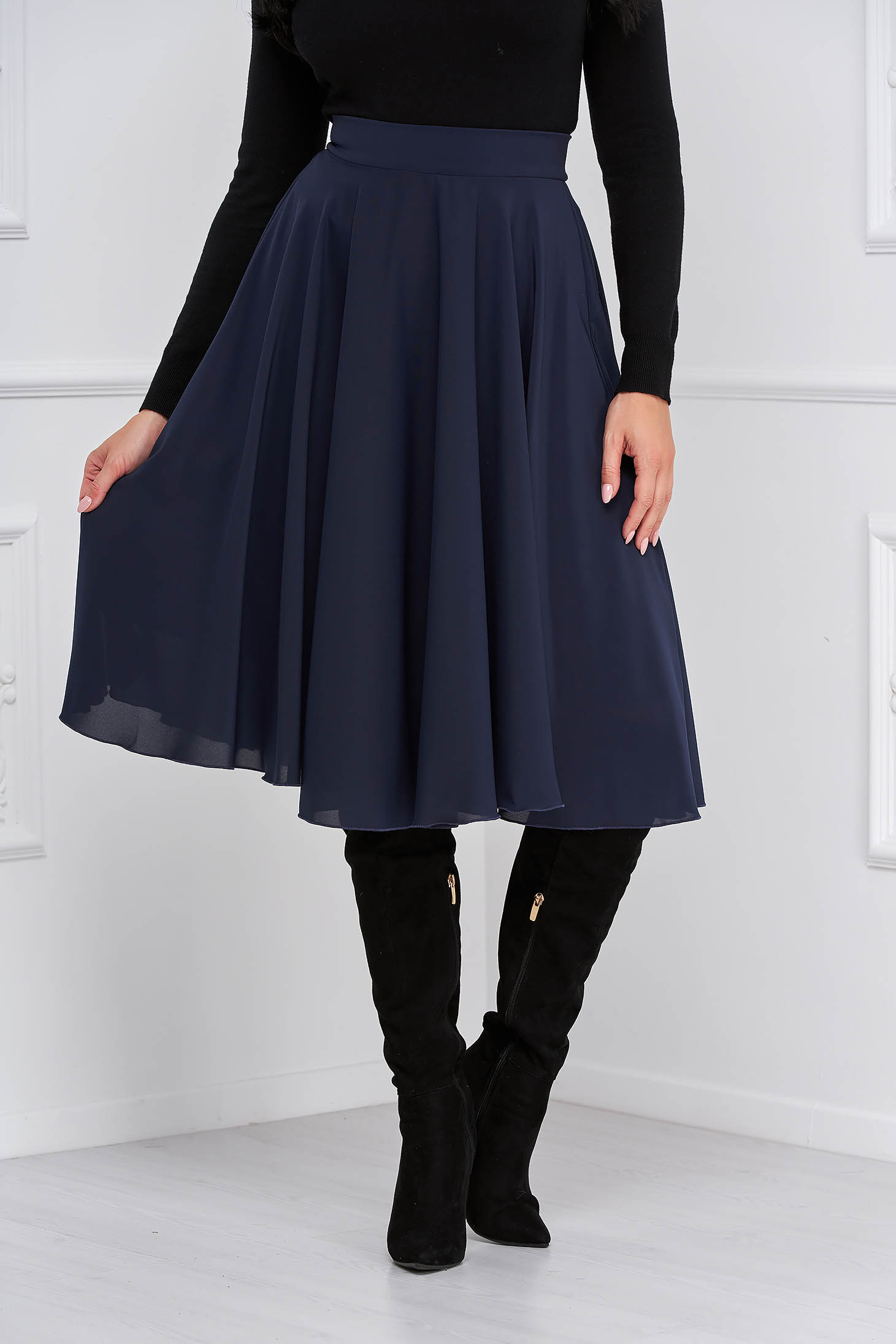 Fusta din voal bleumarin midi in clos cu talie inalta - StarShinerS