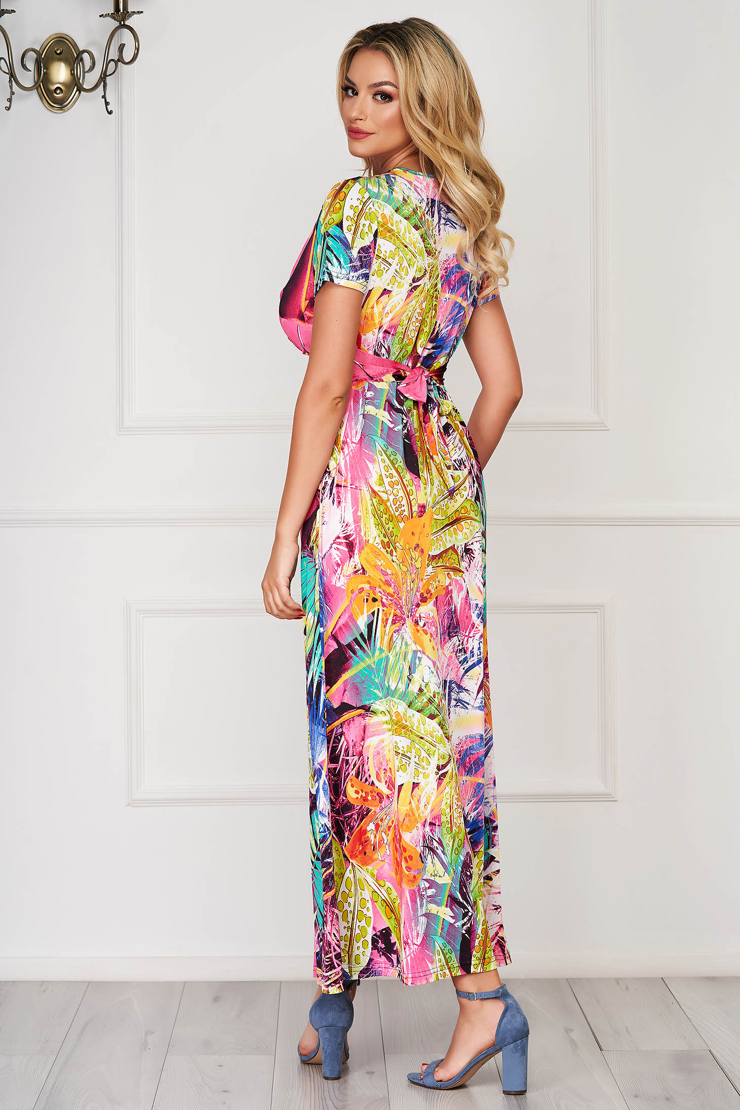 StarShinerS pink dress long daily thin fabric with v-neckline