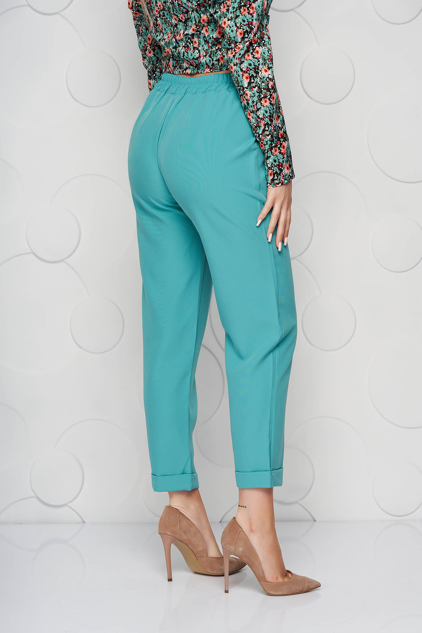 Pantaloni SunShine turcoaz din material neelastic cu croi larg ...