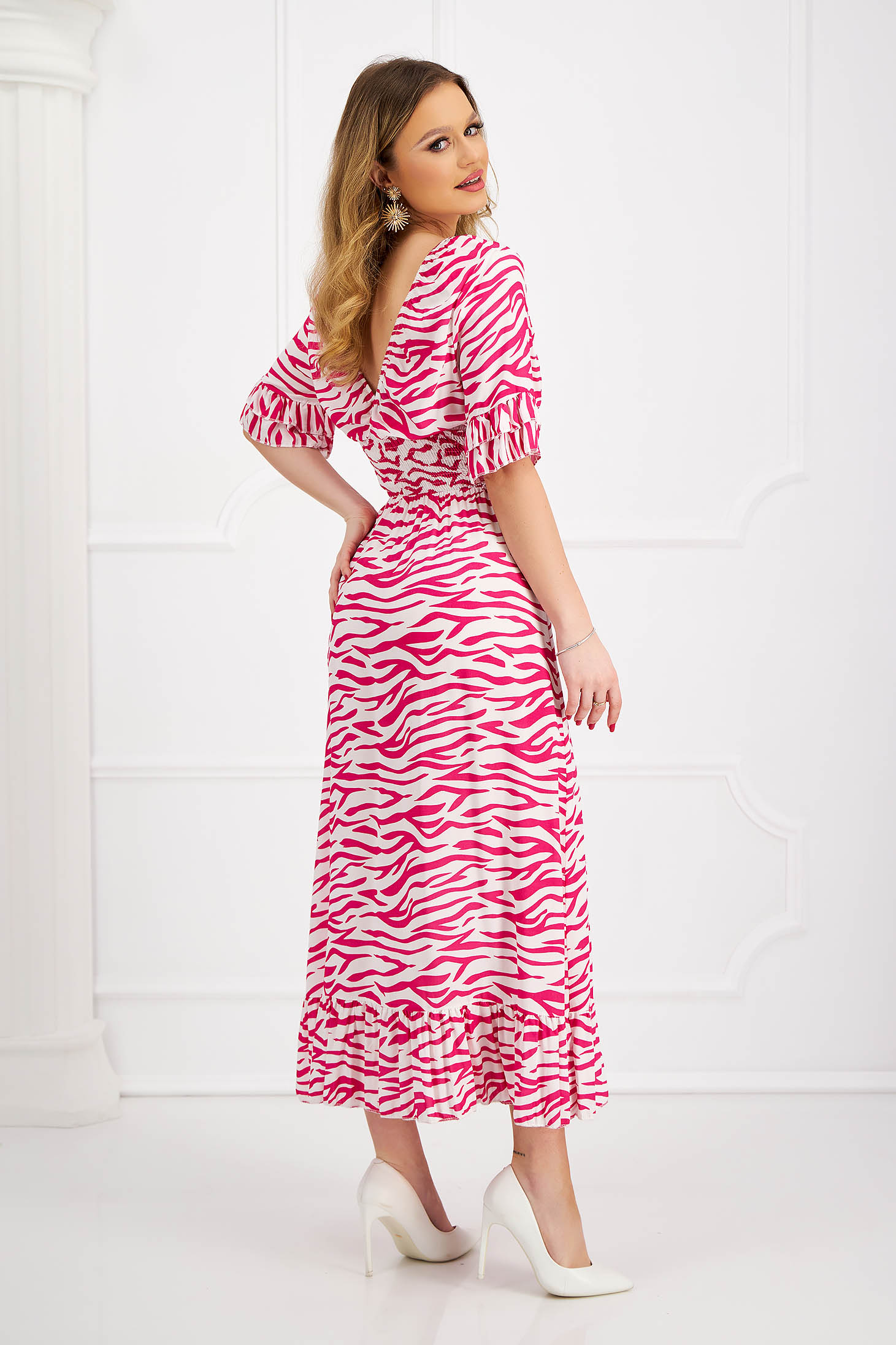 Rochie din material subtire midi in clos cu elastic in talie - SunShine