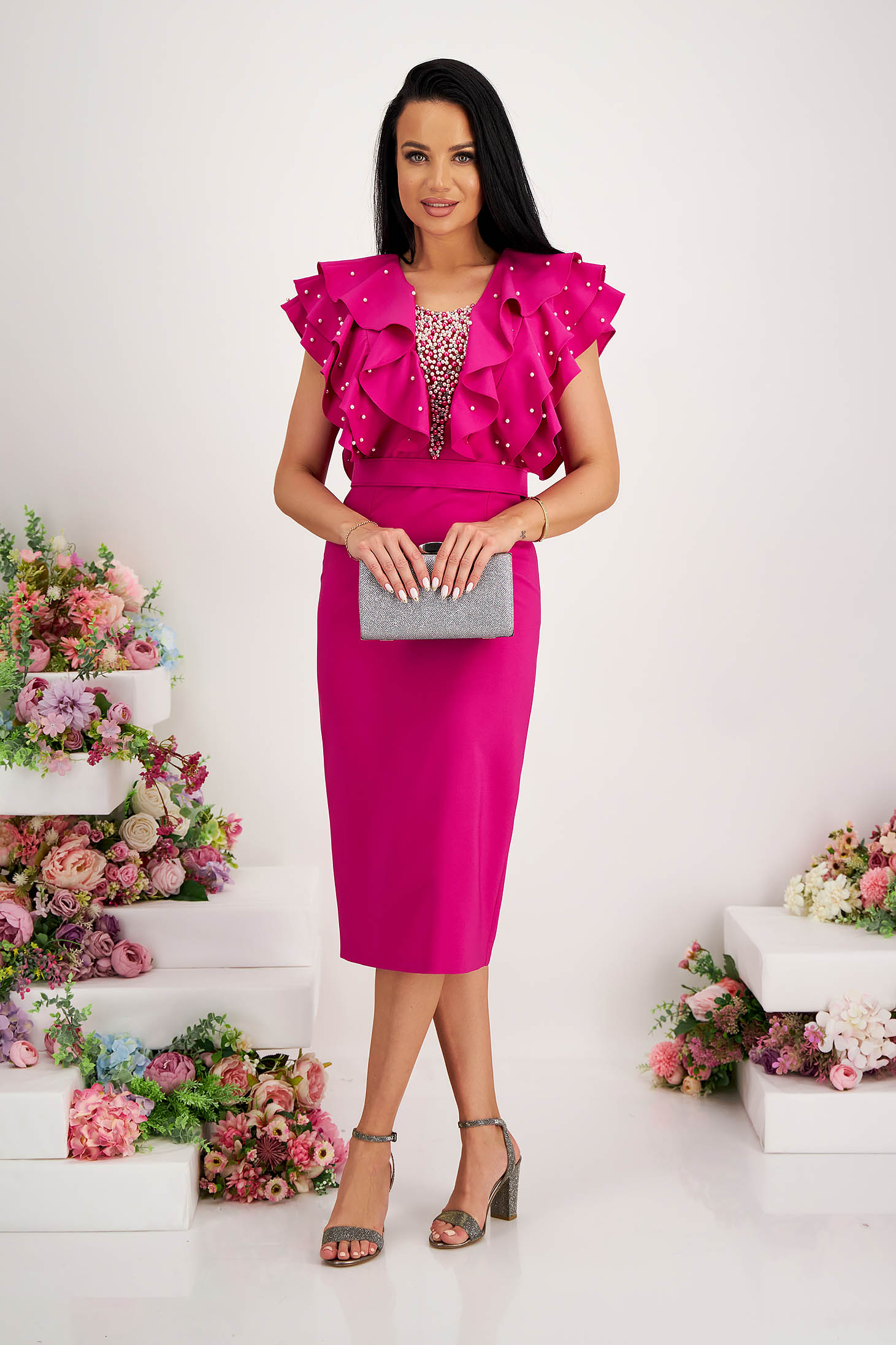 Fuchsia dress elastic cloth pencil with ruffle details with pearls