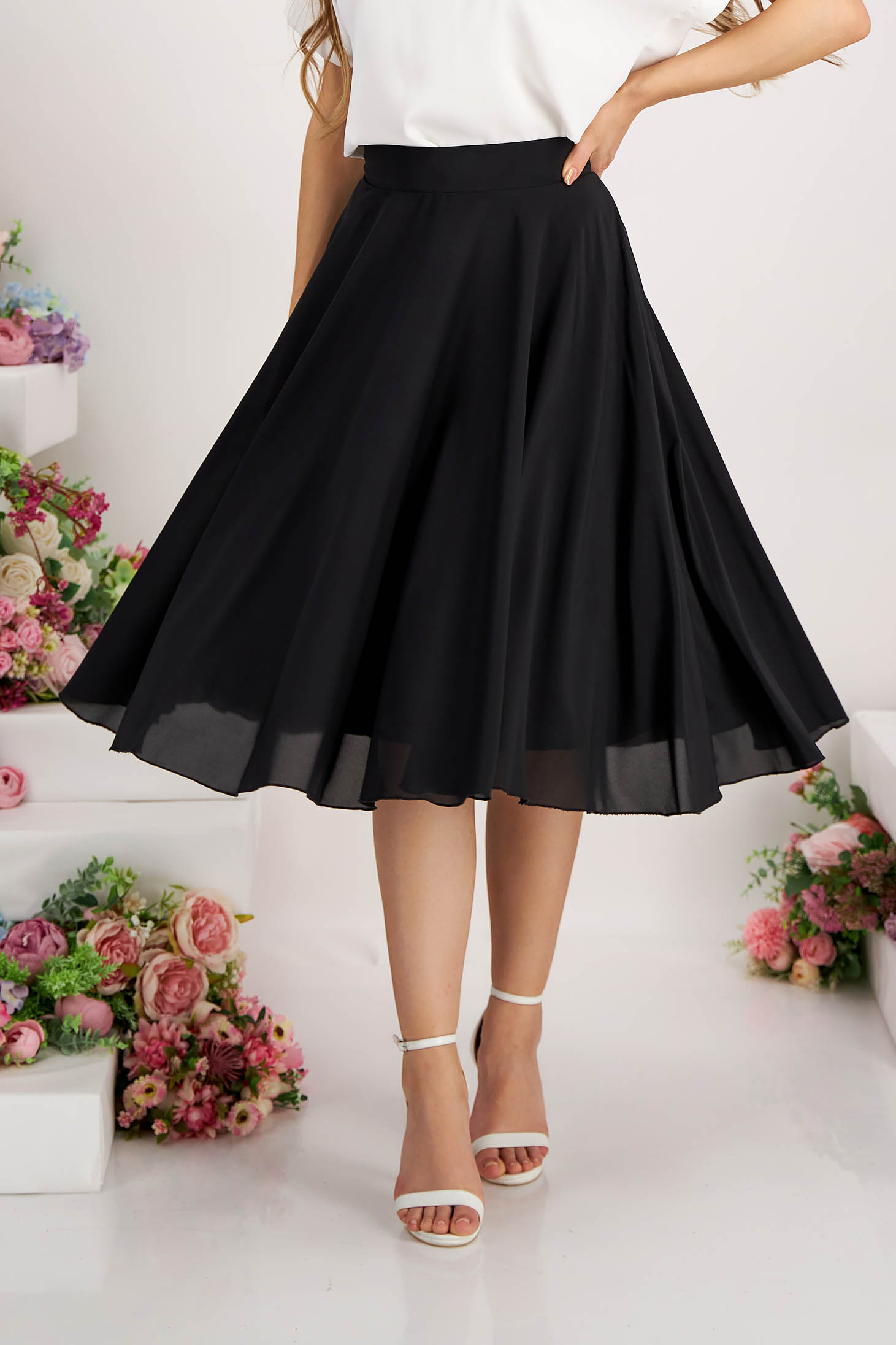 Fusta din voal neagra midi in clos cu talie inalta - StarShinerS