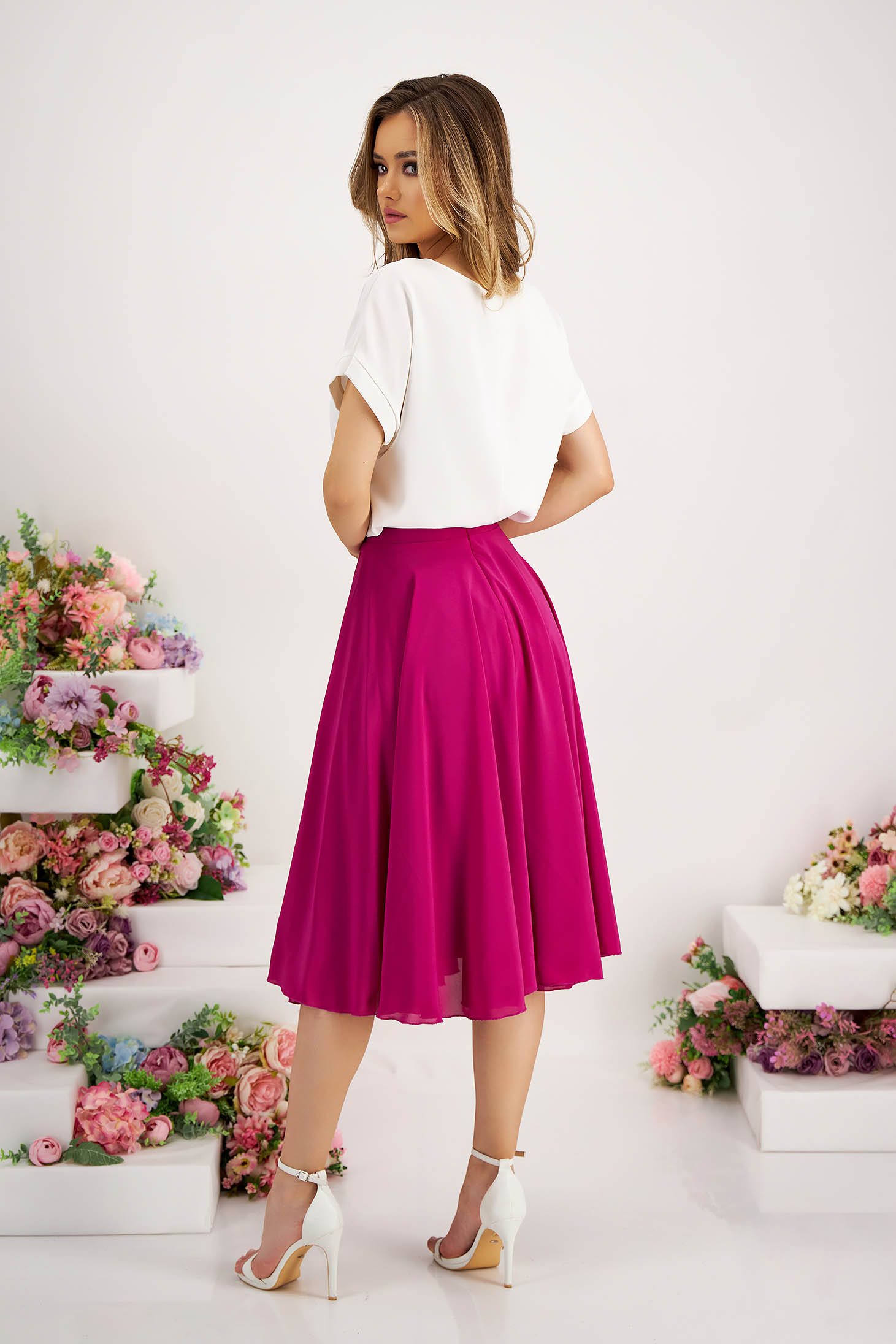 Raspberry Veil Midi Skirt in A-line with High Waist - StarShinerS