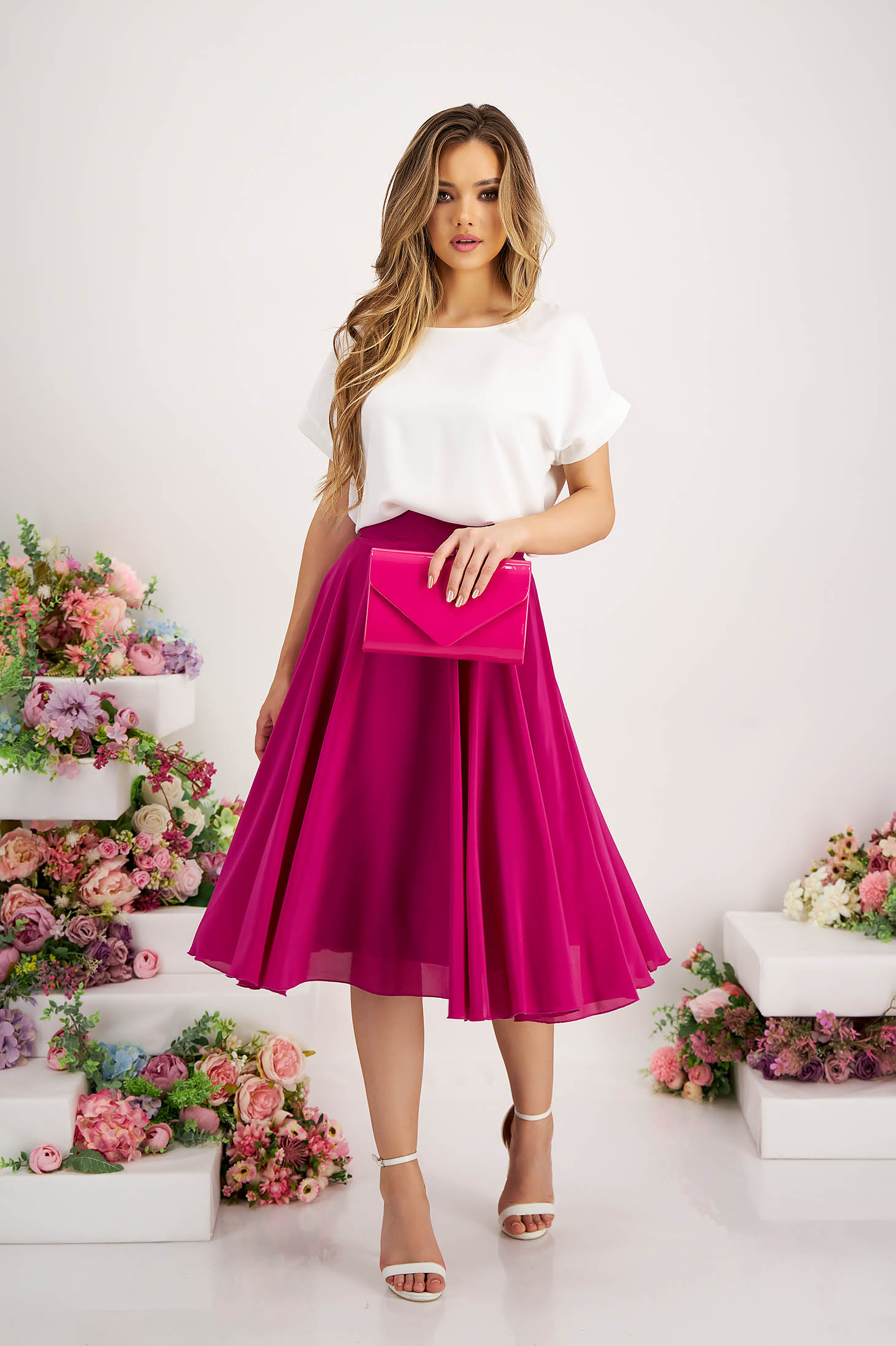 Raspberry Veil Midi Skirt in A-line with High Waist - StarShinerS